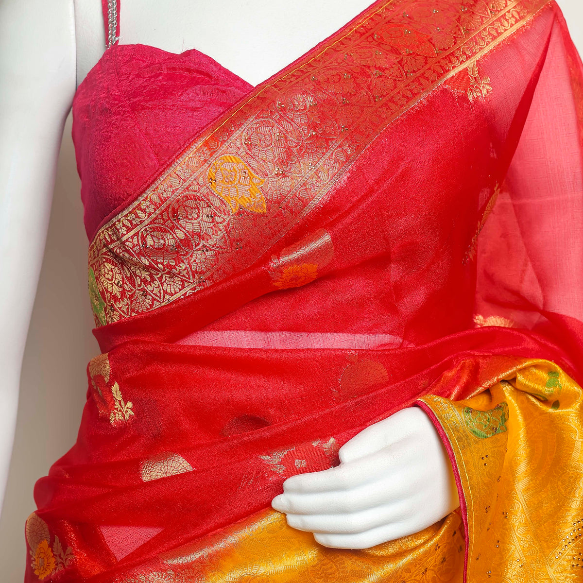 Scarlet Sunshine Art Organza Saree – Swarovski & Meena Embroidery Eleg ...